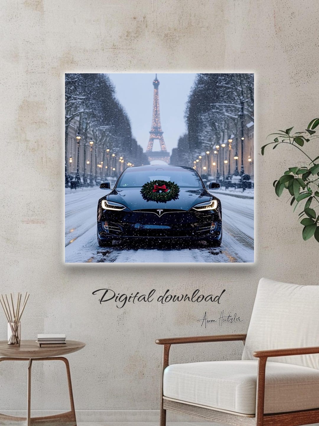 Tesla Model 3 at the Eiffel Tower in Paris With Christmas Wreath ...