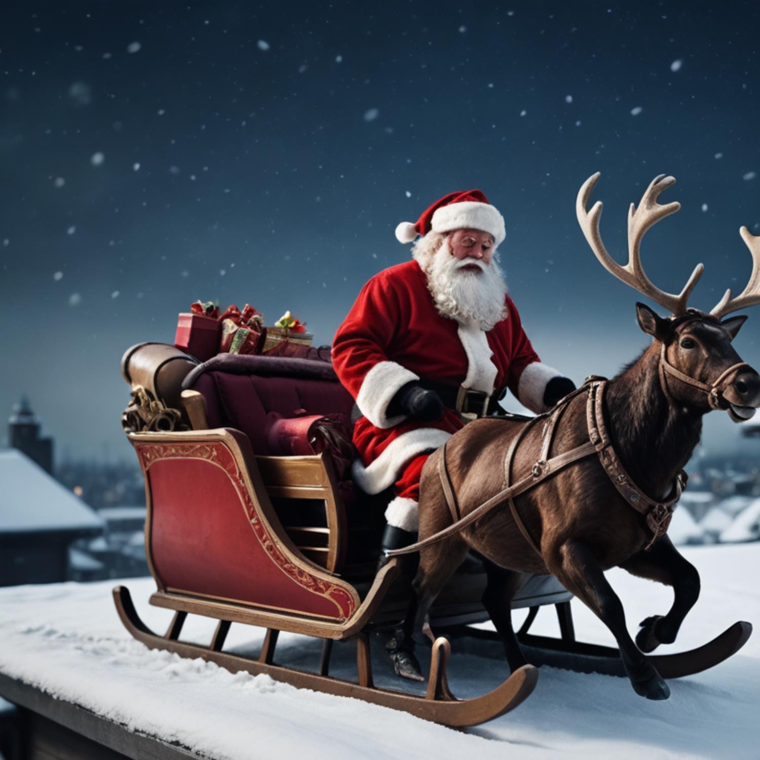 Santa Clause on the Rooftop Reindeer Art Print, Christmas Night ...