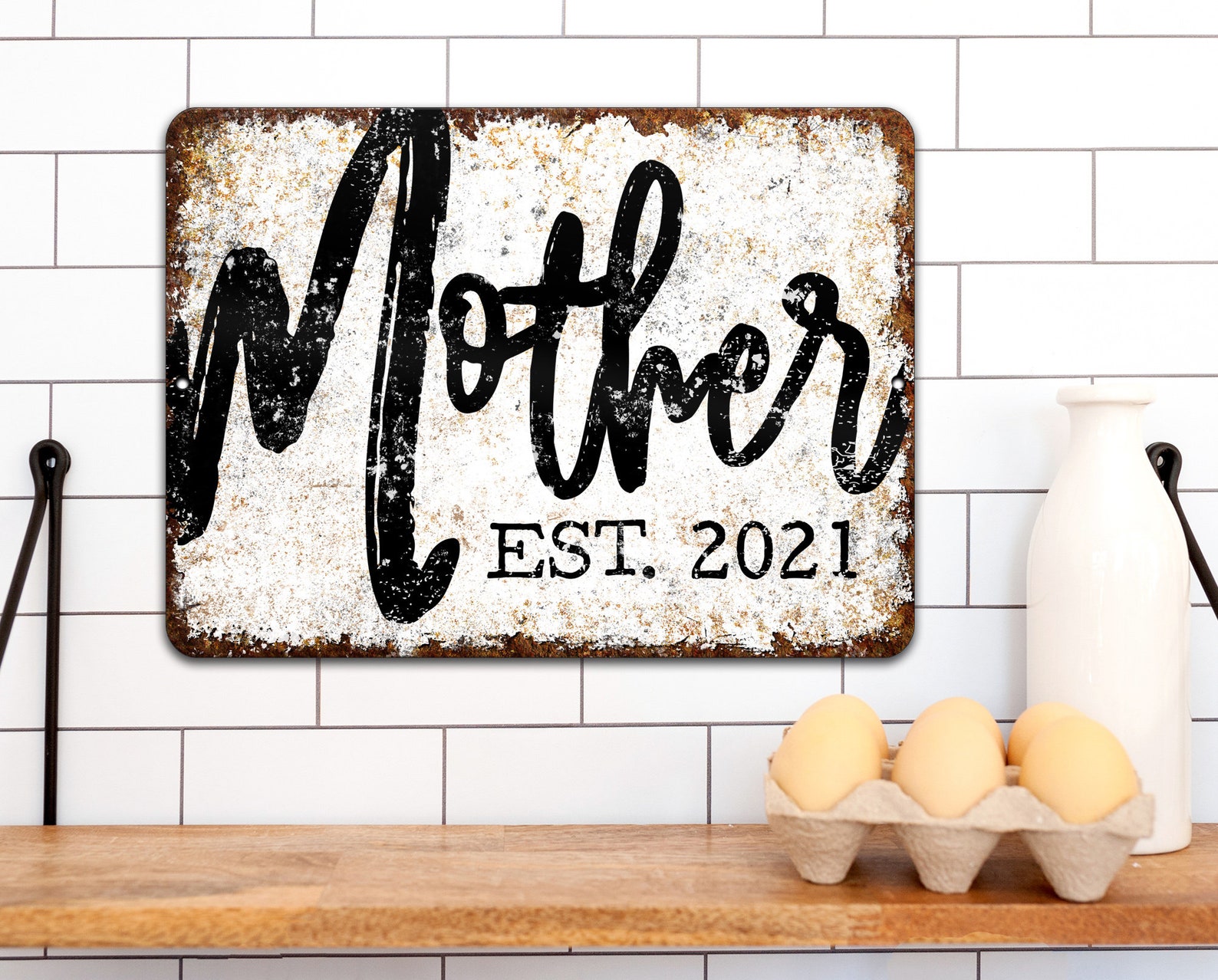 New Mom Mother Sign With 2021 Established Date Metal Farmhouse Rustic ...