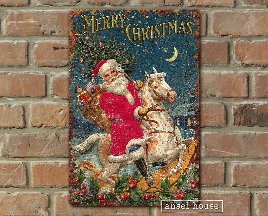 Victorian Santa Primitive Merry Christmas Greeting Metal Sign ...