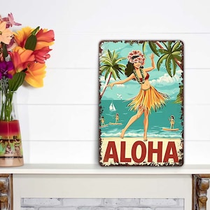 Aloha Metal Decor Sign - Retro Hawaii Hulu Dancer Decoration for Beach ...