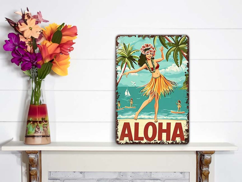 Aloha Metal Decor Sign - Retro Hawaii Hulu Dancer Decoration for Beach ...