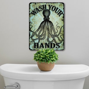 Octopus Wash Your Hands Bathroom Wall Decor Kitchen Art Antique Style ...