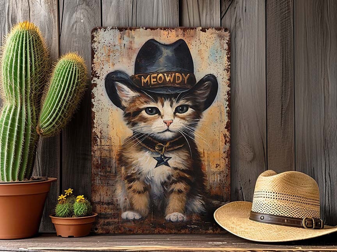 Western Cat Decor - Cute Cowboy Kitten Metal Art Sign - Indoor Outdoor ...