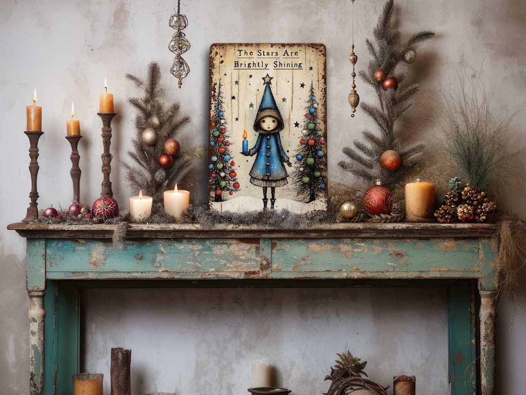 Primitive Rustic Blue Christmas Decor - Wall Art Mantle Metal Sign ...
