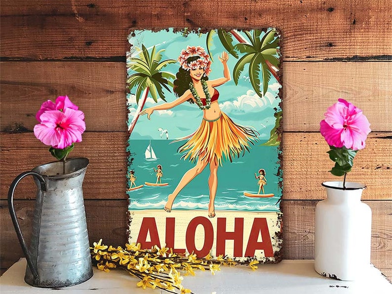 Aloha Metal Decor Sign - Retro Hawaii Hulu Dancer Decoration for Beach ...