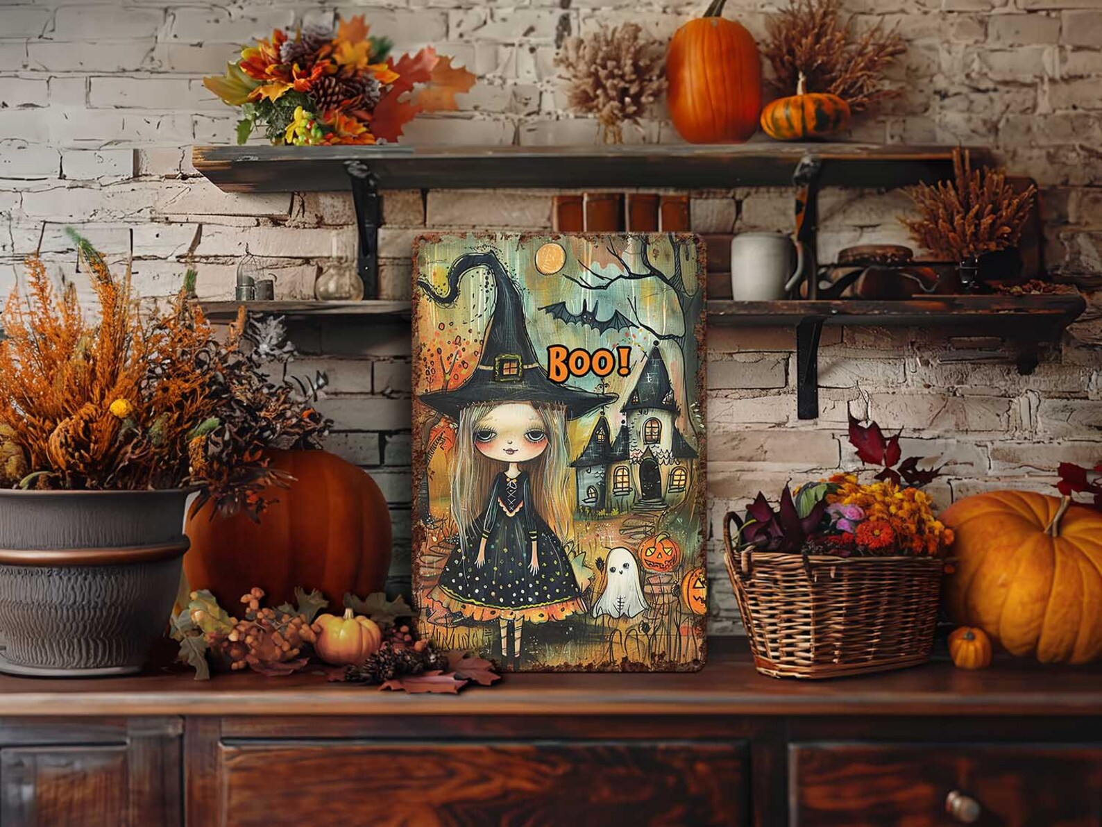 Cute Primitive Halloween Decoration - Colorful Whimsical Metal Mantle ...