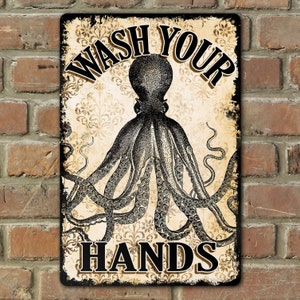 Octopus Wash Your Hands Bathroom Wall Decor Kitchen Art Antique Style ...