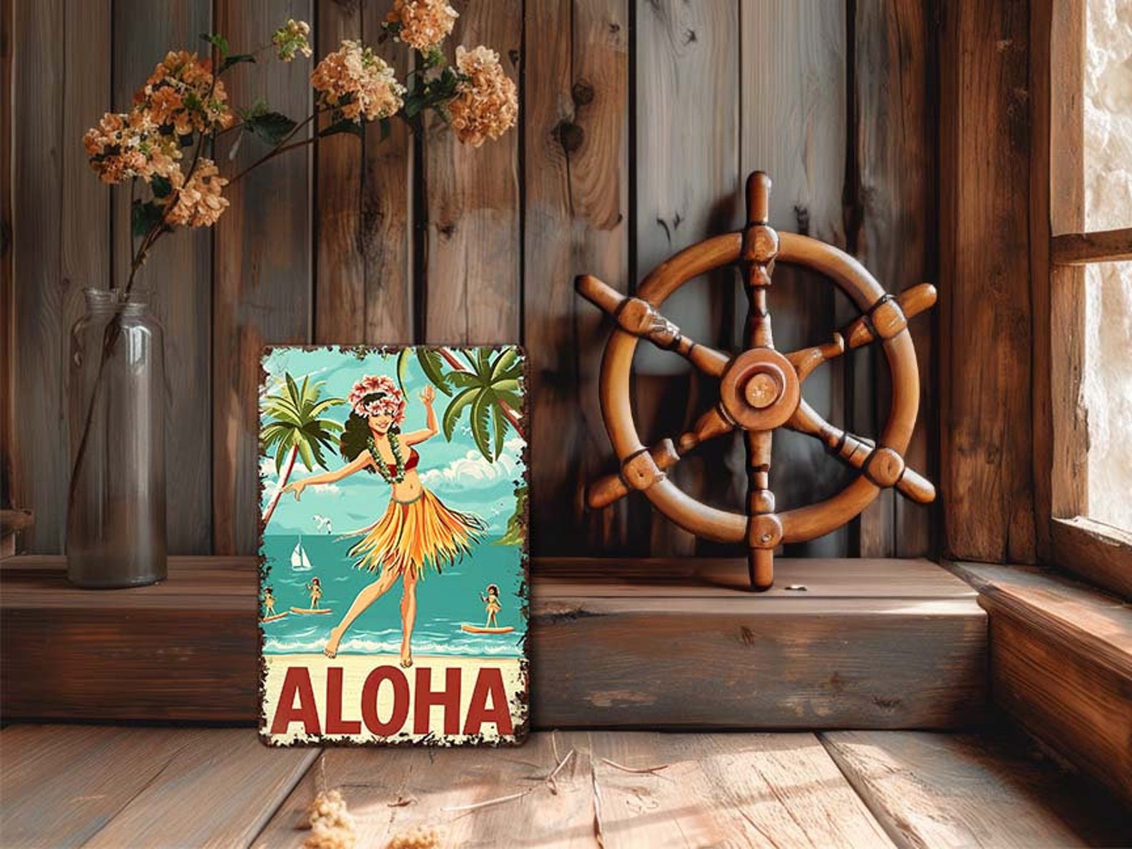 Aloha Metal Decor Sign - Retro Hawaii Hulu Dancer Decoration for Beach ...