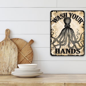 Octopus Wash Your Hands Bathroom Wall Decor Kitchen Art Antique Style ...