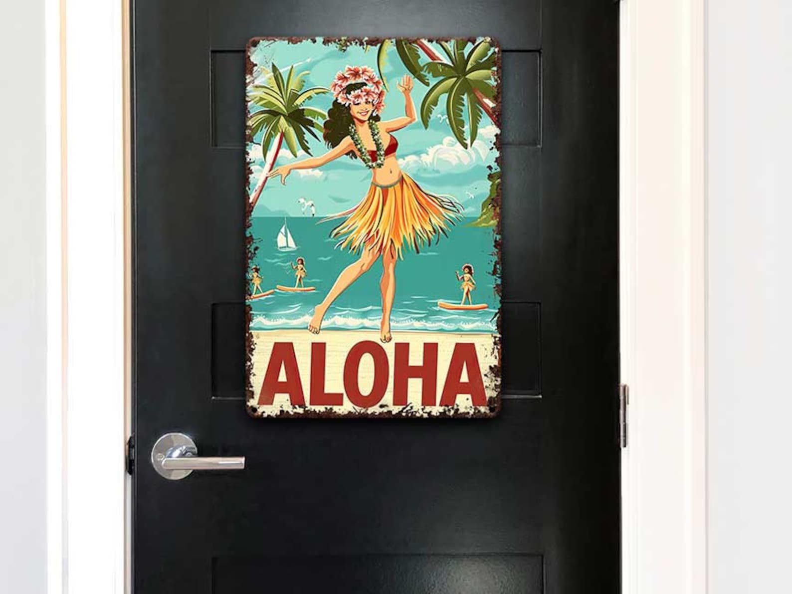Aloha Metal Decor Sign - Retro Hawaii Hulu Dancer Decoration for Beach ...