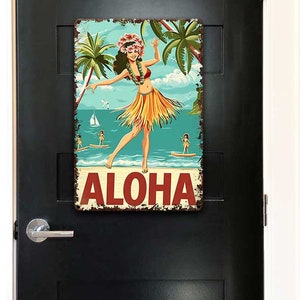 Aloha Metal Decor Sign - Retro Hawaii Hulu Dancer Decoration for Beach ...