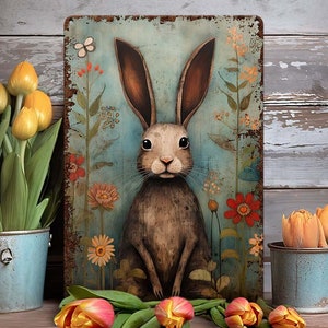 Primitive Easter Decor - Rustic Folkart Bunny Metal Art Sign Mantle ...