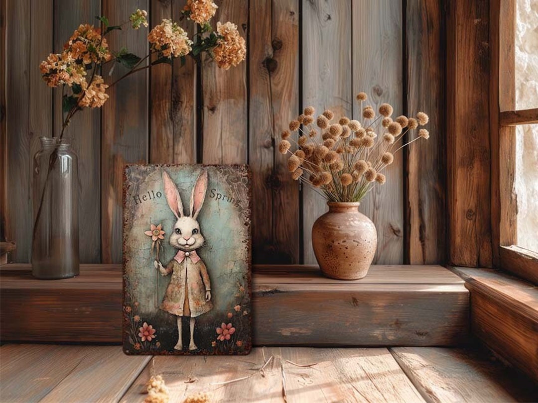 Primitive Easter Decor - Rustic Bunny Metal Art Sign Mantle Decoration ...