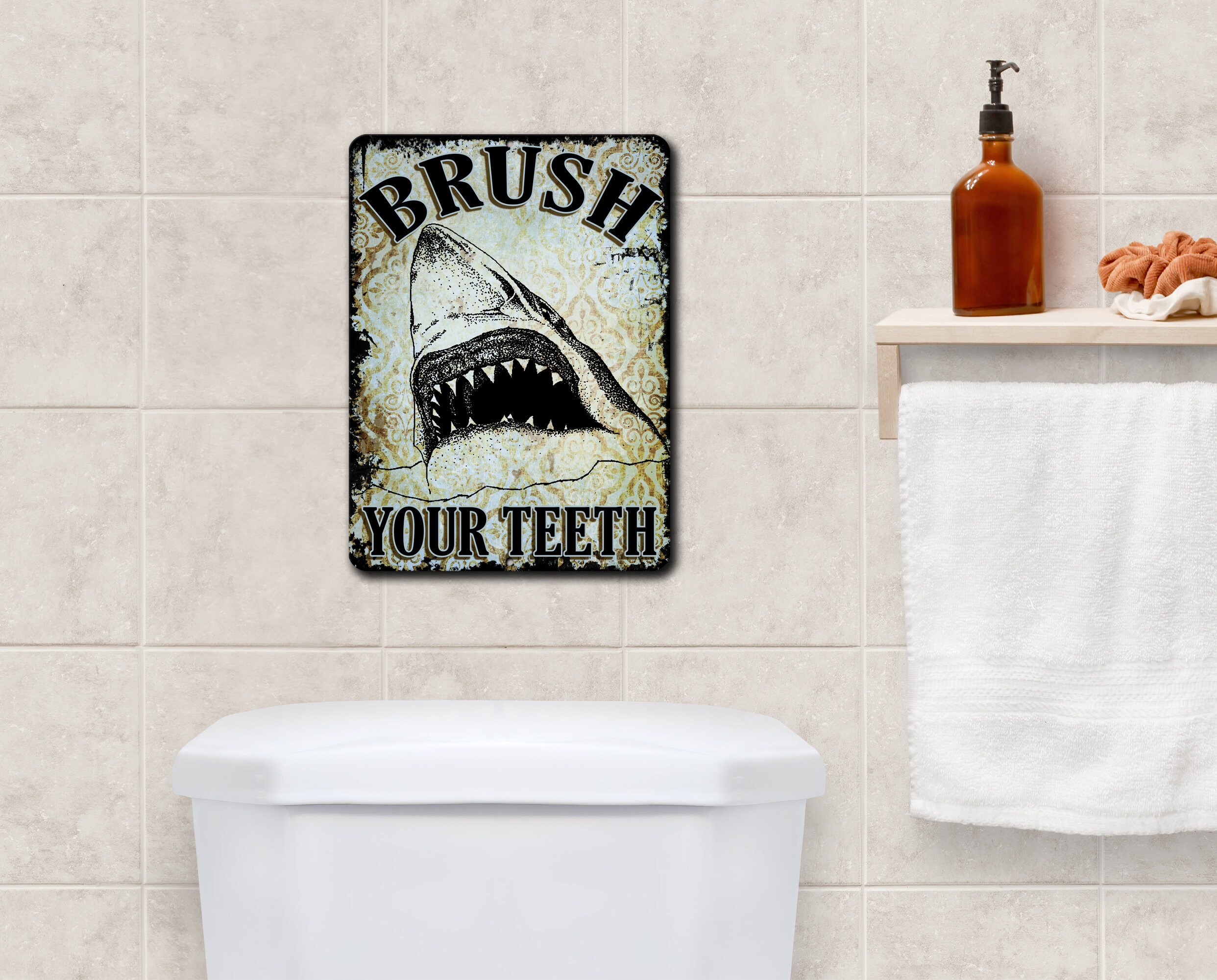 Shark Brush Your Teeth Bathroom Wall Decor Art Vintage Style | Etsy