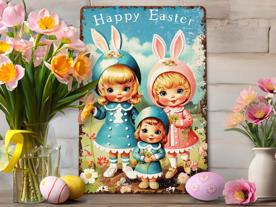 Retro Kitsch Easter Decor Metal Art Sign Mantle Decoration Mid Century ...