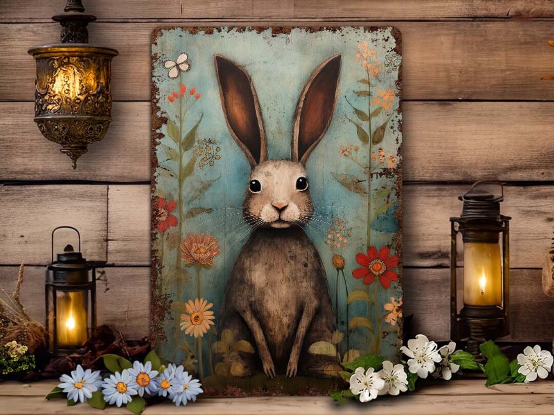 Primitive Easter Decor - Rustic Folkart Bunny Metal Art Sign Mantle ...