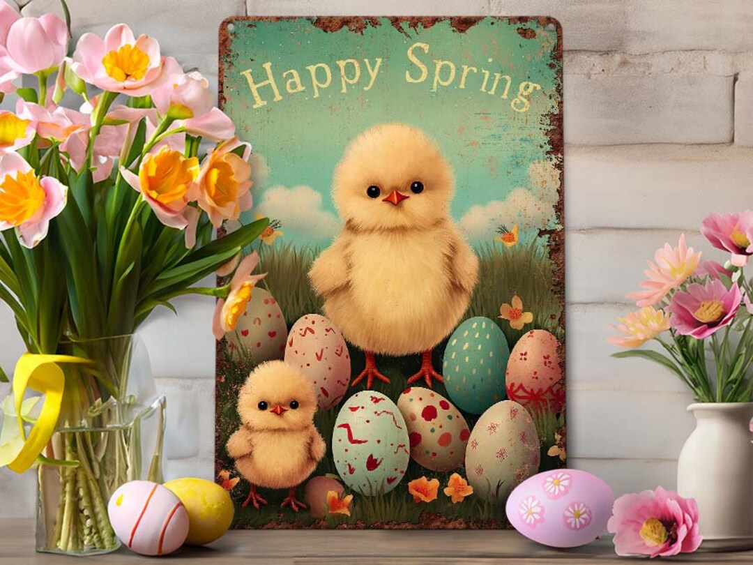 Happy Spring Chicks Easter Decor - Cute Retro Rustic Metal Art Sign ...