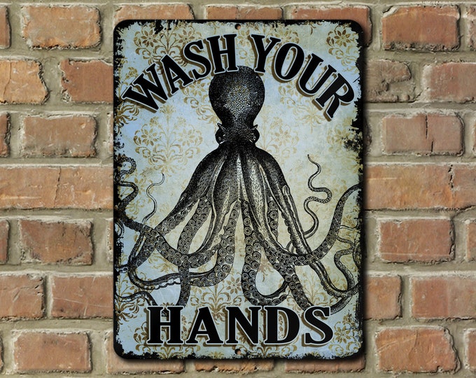 Octopus Wash Your Hands Bathroom Wall Decor Kitchen Art | Etsy
