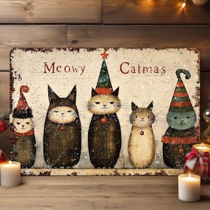 Primitive Christmas Cats Wall Art Meowy Catmas Metal Sign Decoration ...