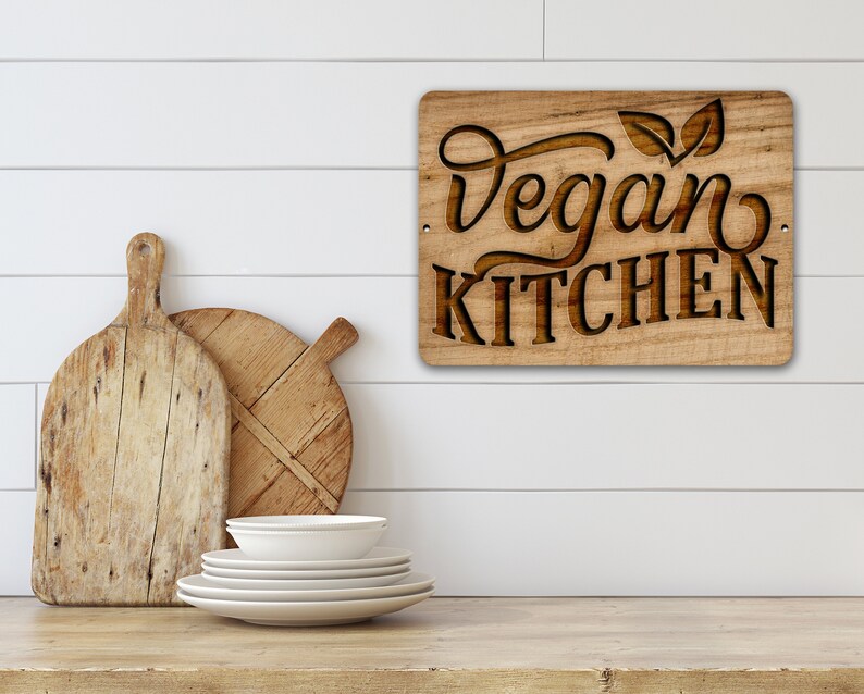 Vegan Kitchen Metal Sign Farmhouse Wall Decor Indoor Outdoor Faux Wood ...