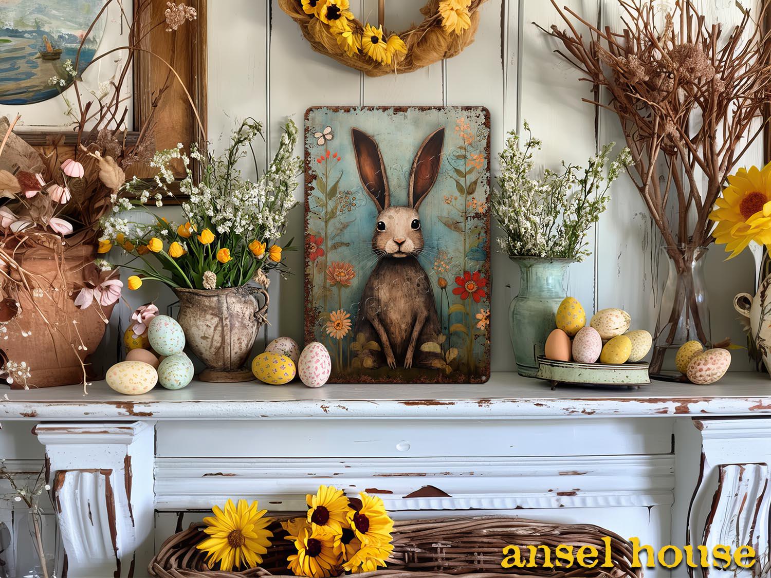 Primitive Easter Decor - Rustic Folkart Bunny Metal Art Sign Mantle ...