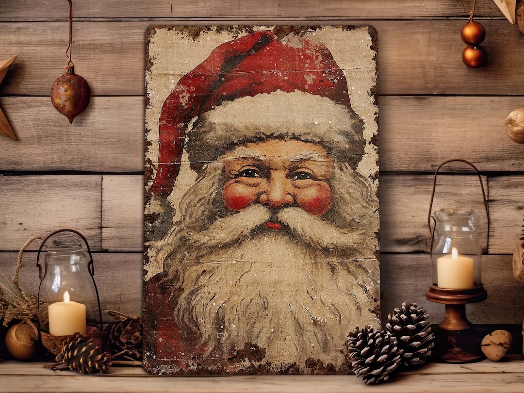 Primitive Distressed Vintage Santa Face Christmas Decor Sign Metal ...