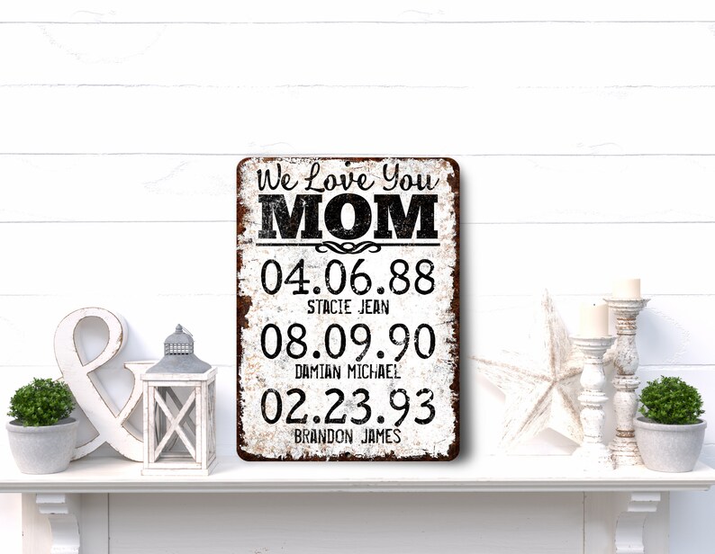 Mothers Day Gift Mom Sign With Kids Names and Birthdays Metal Farmhouse ...