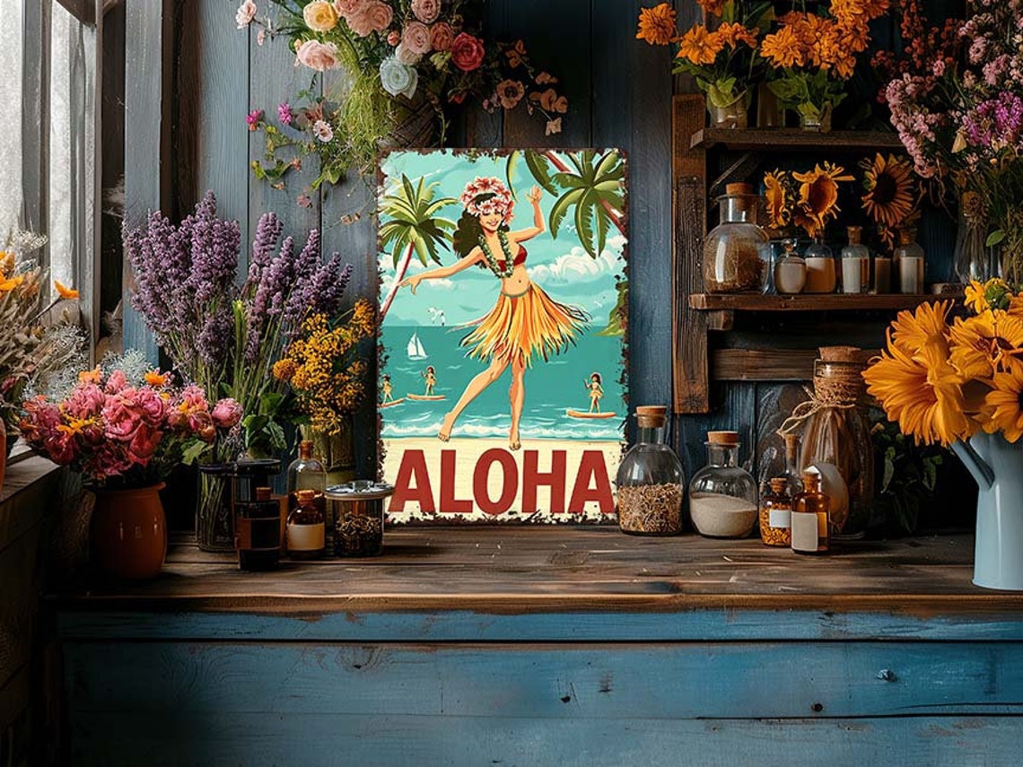 Aloha Metal Decor Sign - Retro Hawaii Hulu Dancer Decoration for Beach ...