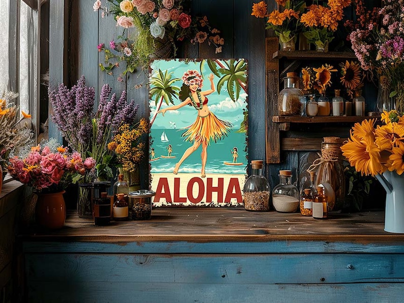 Aloha Metal Decor Sign - Retro Hawaii Hulu Dancer Decoration for Beach ...