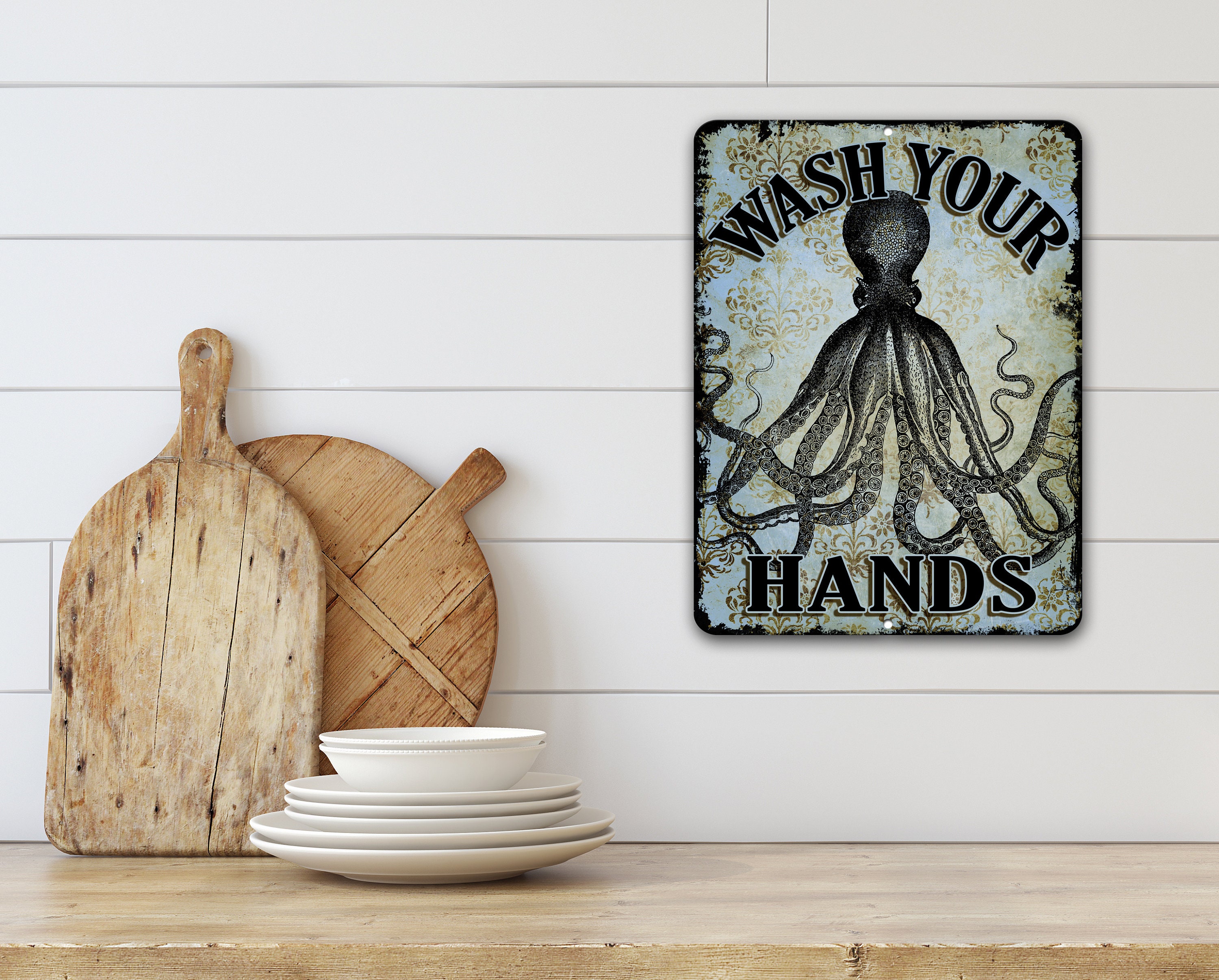 Octopus Wash Your Hands Bathroom Wall Decor Kitchen Art | Etsy