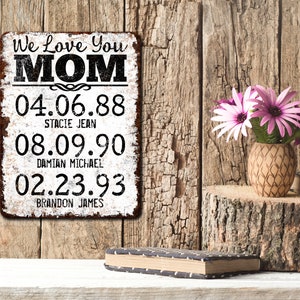 Mothers Day Gift Mom Sign With Kids Names and Birthdays Metal Farmhouse ...