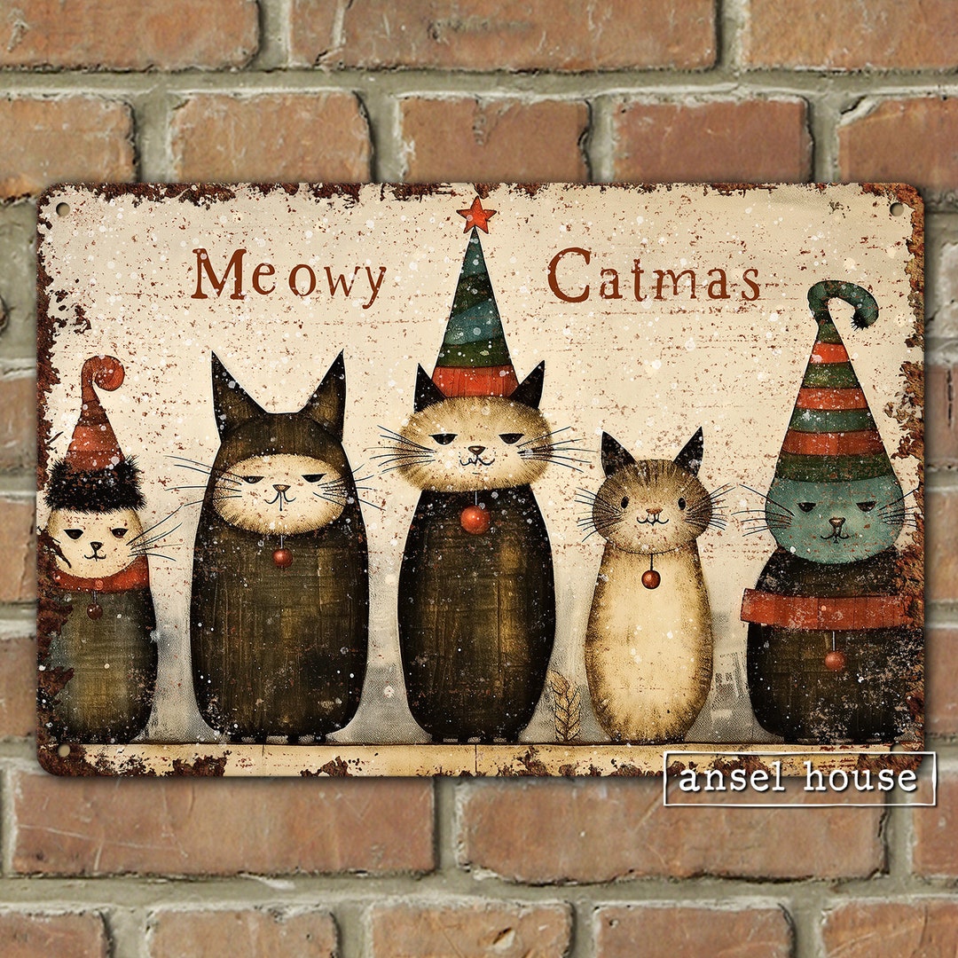 Primitive Christmas Cats Wall Art Meowy Catmas Metal Sign - Etsy