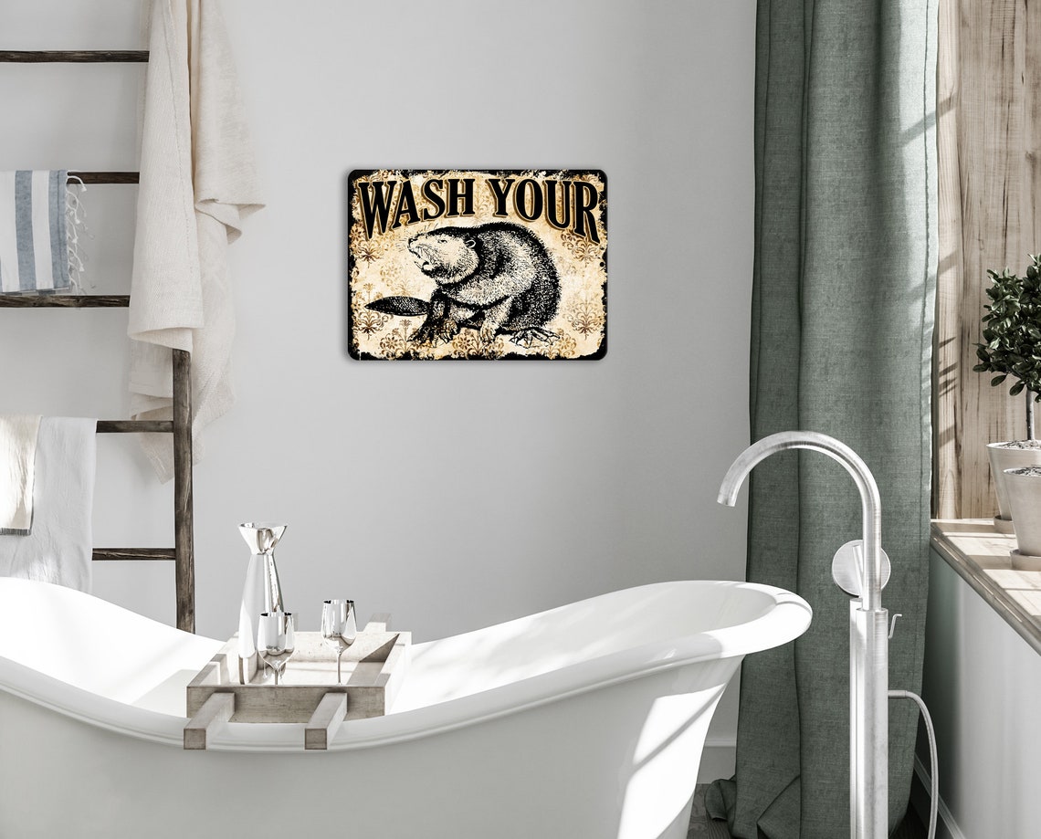 Wash Your Beaver Bathroom Wall Decor Art Vintage Style Metal - Etsy