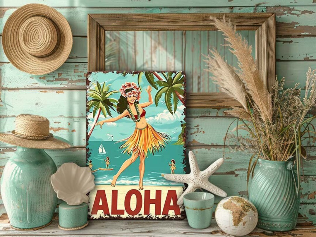 Aloha Metal Decor Sign - Retro Hawaii Hulu Dancer Decoration for Beach ...