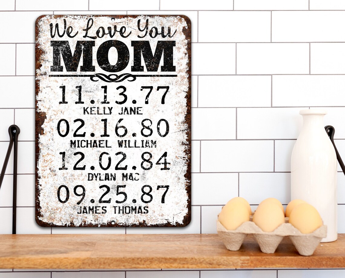 Mothers Day Gift Mom Sign With Kids Names and Birthdays Metal | Etsy
