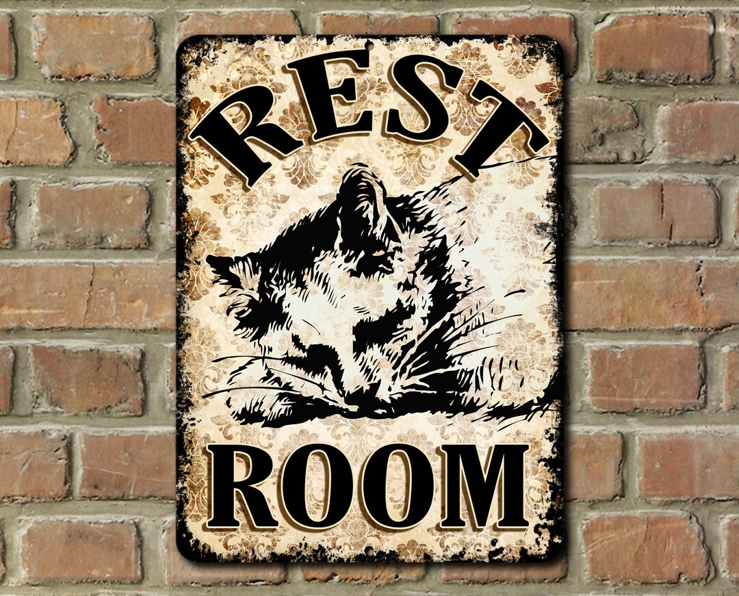 Resting Kitty Rest Room Sign Bathroom Wall Decor Cat Art Vintage Style ...