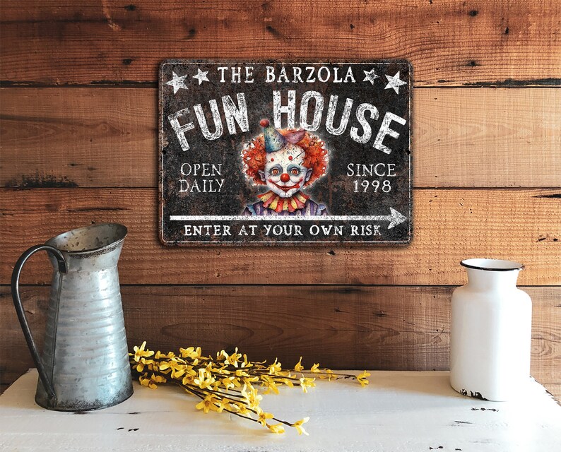 Custom FUN HOUSE Creepy Clown Metal Sign Personalized Name Porch Patio ...