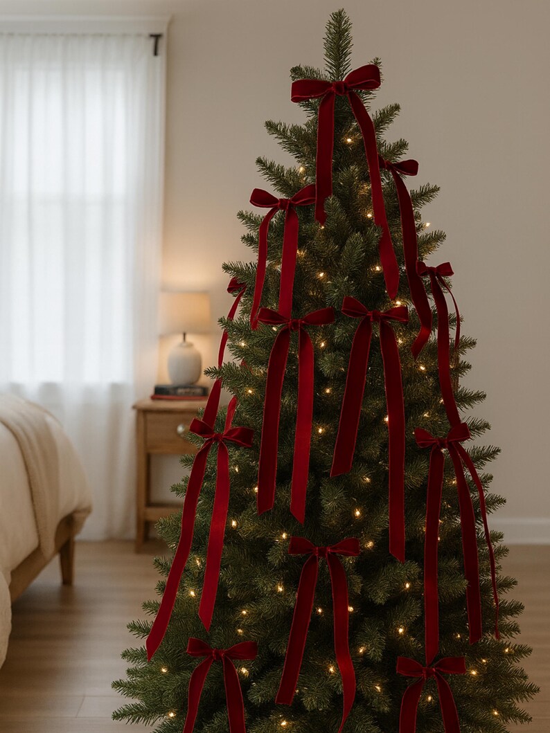 Handmade Velvet Christmas Tree Bows With Clip, Long Tail Ribbon, on ...