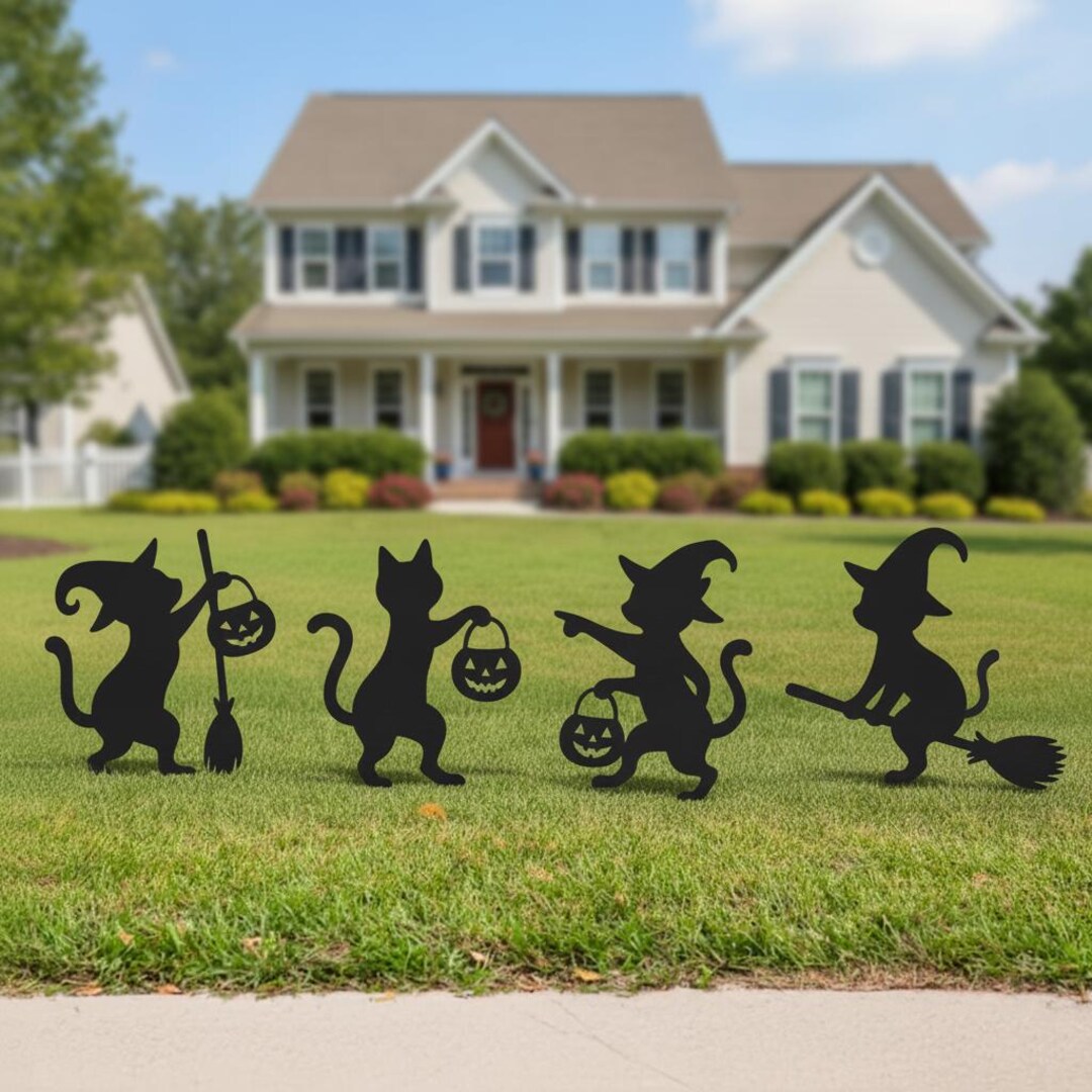Halloween Cat Metal Yard Stake, Dancing Cat Sign, Witch Cat Garden ...