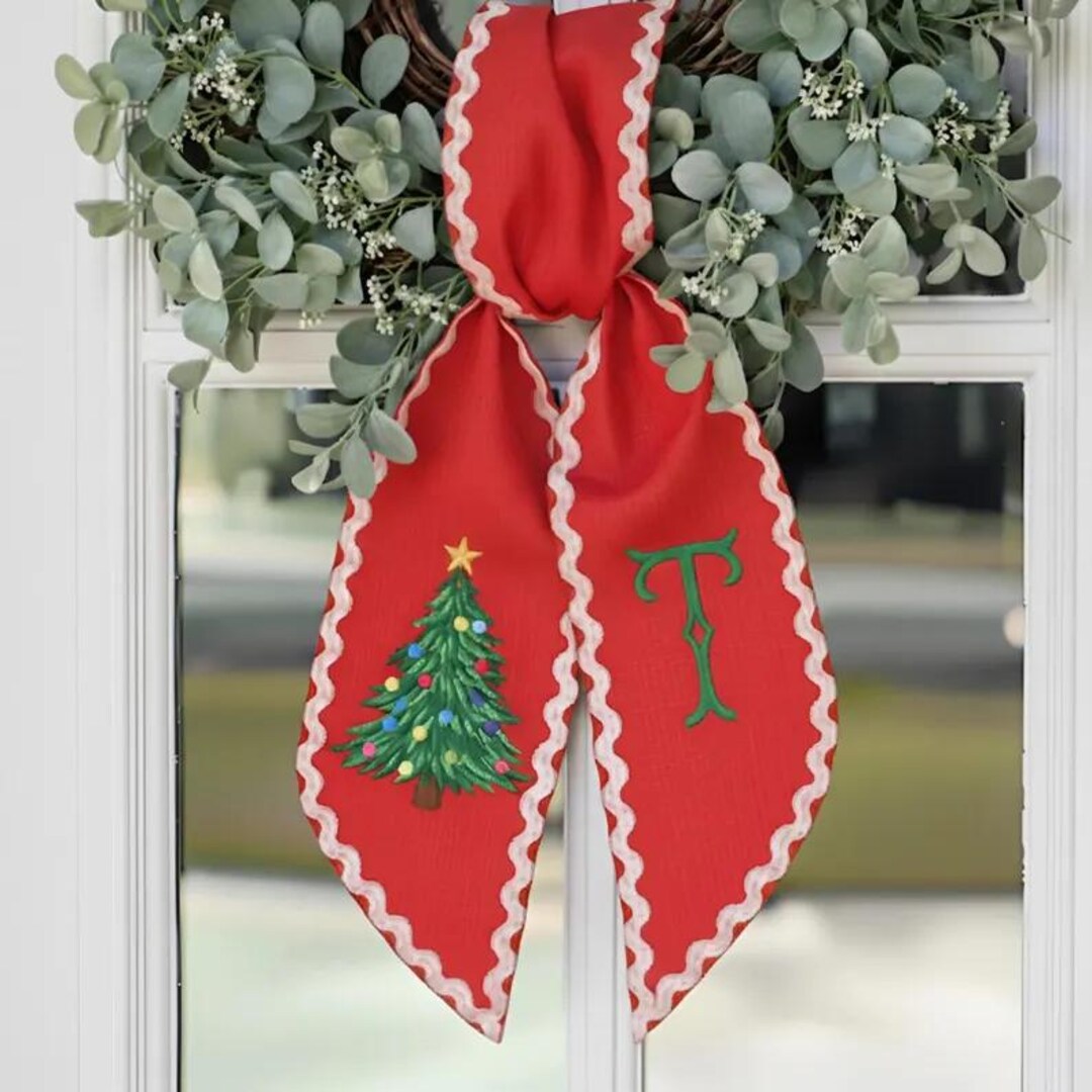Monogram Christmas Wreath Sash, Embroidered Holiday Door Bow ...