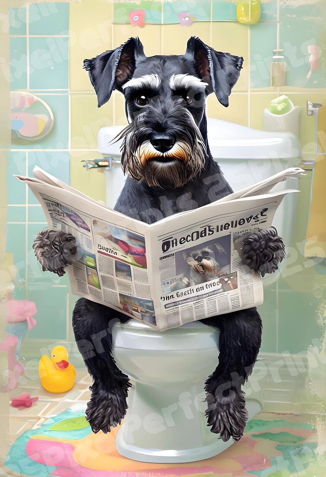Whimsical Schnauzer Reading Newspaper on Toilet in Cheerful Bathroom - Etsy