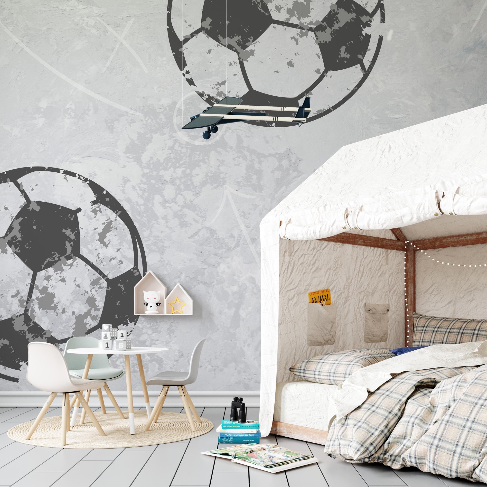 Tumbled Soccer Ball Wallpaper: Boy's Room Decor, Black & White - Etsy