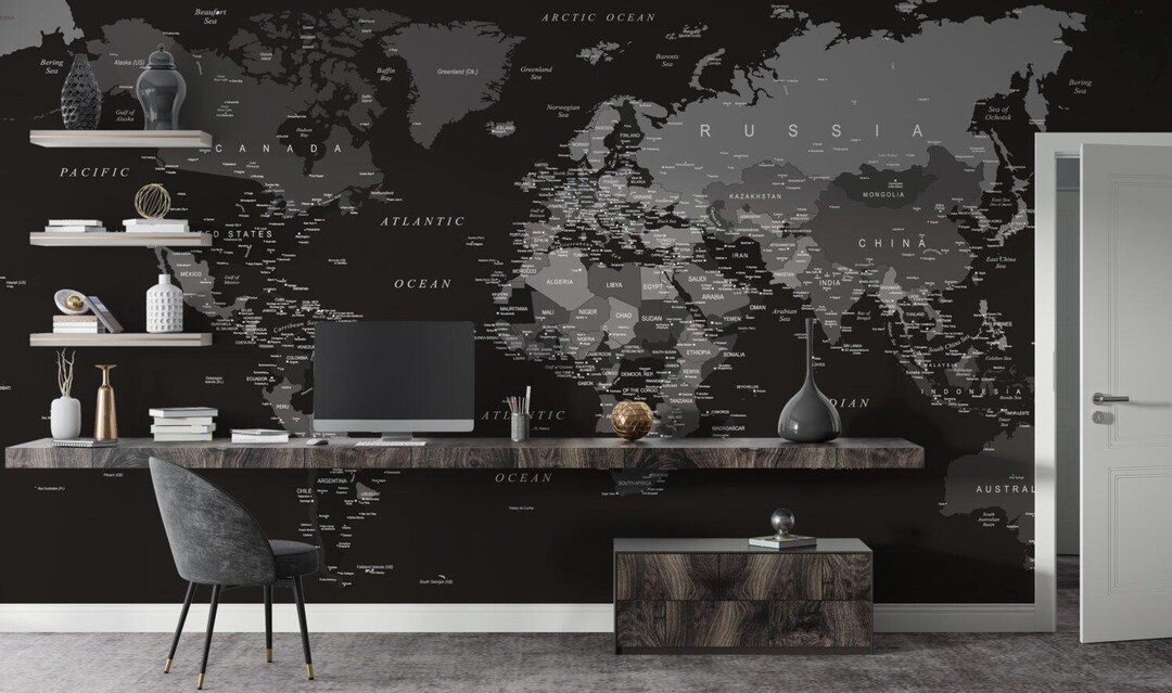 Black Background World Map Wallpaper, Stylish Peel and Stick Wallpaper ...