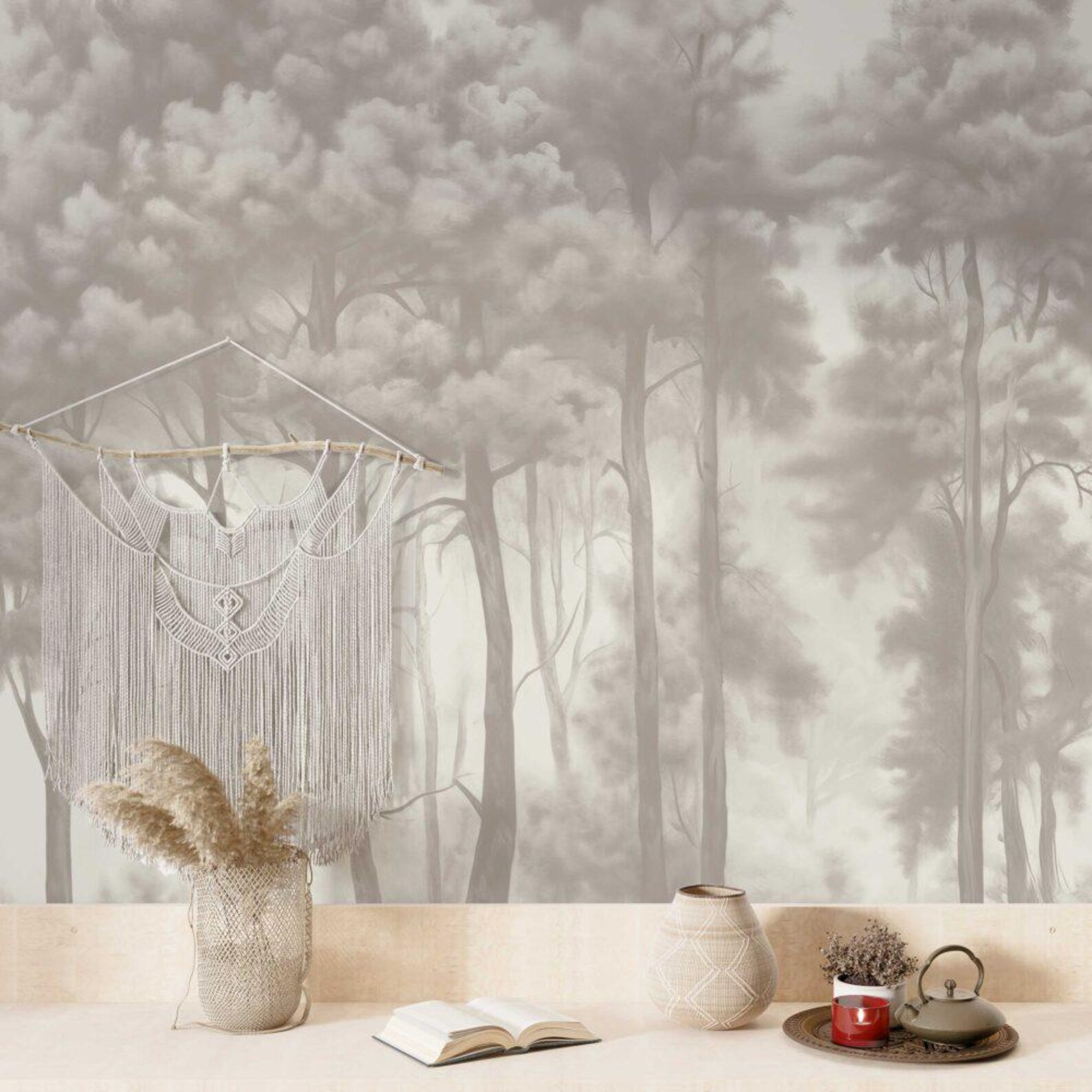 Watercolor Grey Forest Wallpaper, Monochrome Trees Mural, Peel and ...