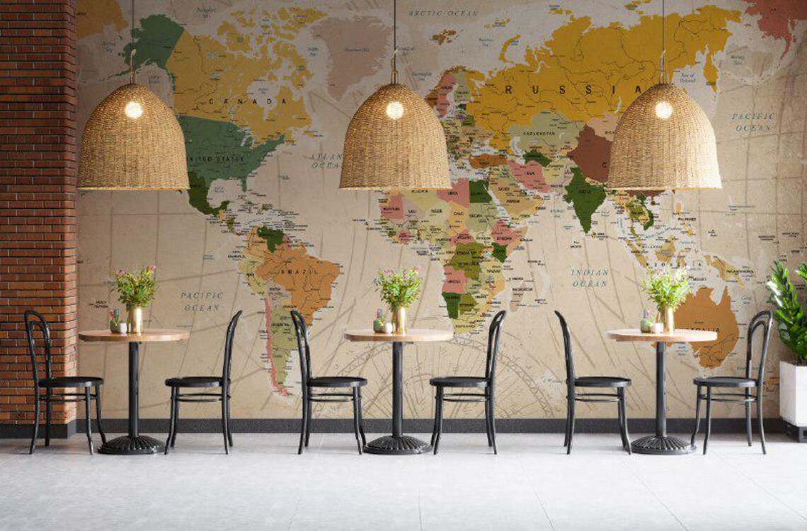 World Map Wallpaper, Office Decor Map Wallpaper, Stylish Peel and Stick ...