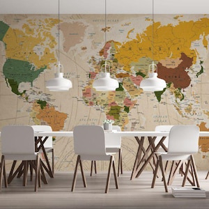 World Map Wallpaper, Office Decor Map Wallpaper, Stylish Peel and Stick ...