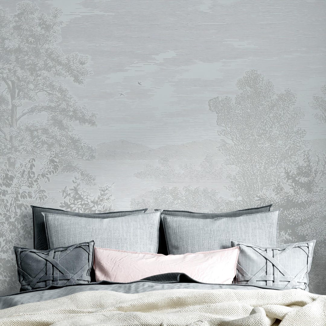 Subtle Wallpaper, Watercolor Landscape Wall MURAL. Painting, Trees ...