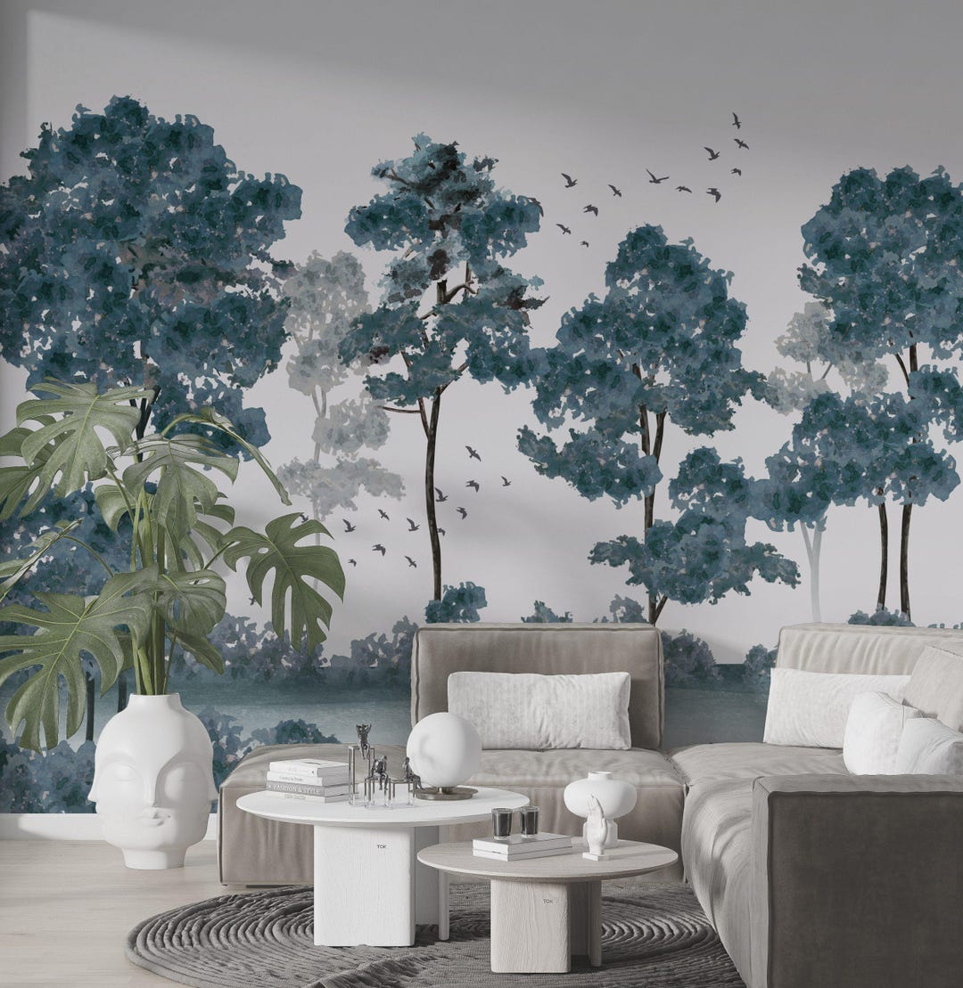 Blue Trees Wallpaper, Vintage Landscape Wall MURAL. Scene Wall Decor ...