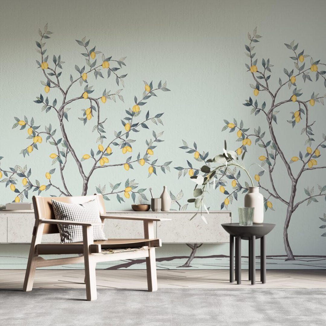 Lemon Trees 3D Wallpaper in Soft Tones, Abstract Watercolor Hand ...